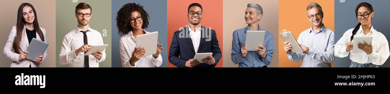Online Banking. Portraits of different business people with digital ...