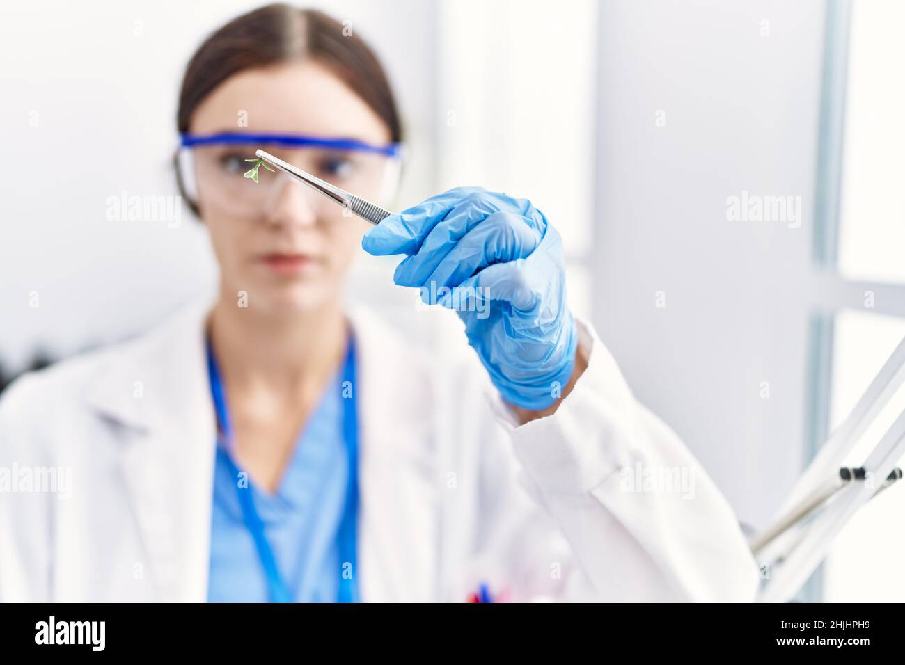 Young hispanic woman wearing scientist uniform holding insect with ...