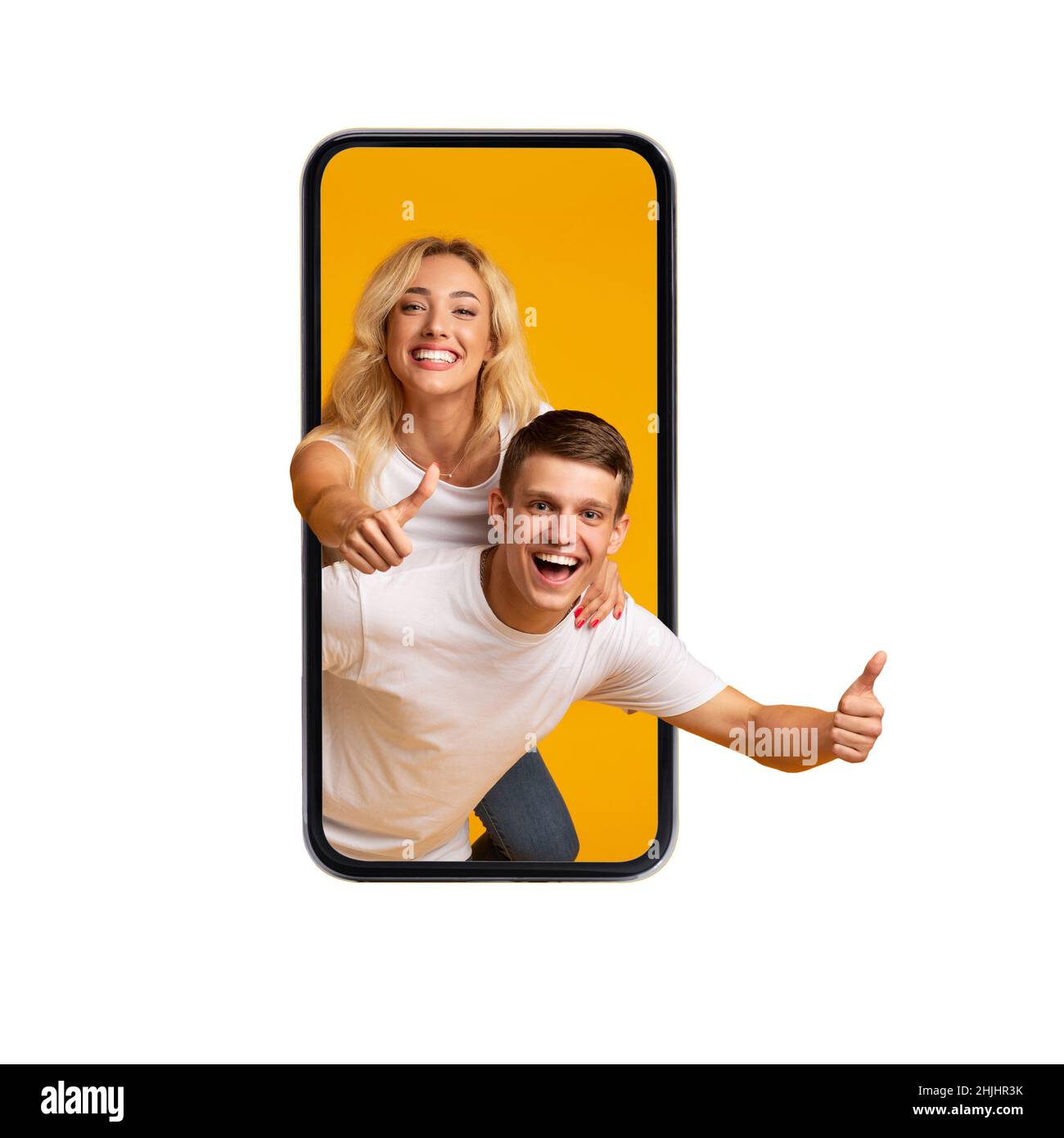 Couple In Smartphone Screen Gesturing Thumbs Up Over White Background ...