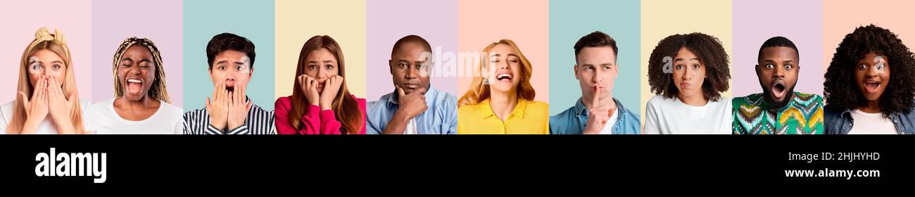 Emotional multiethnic millennials showing positive and negative ...