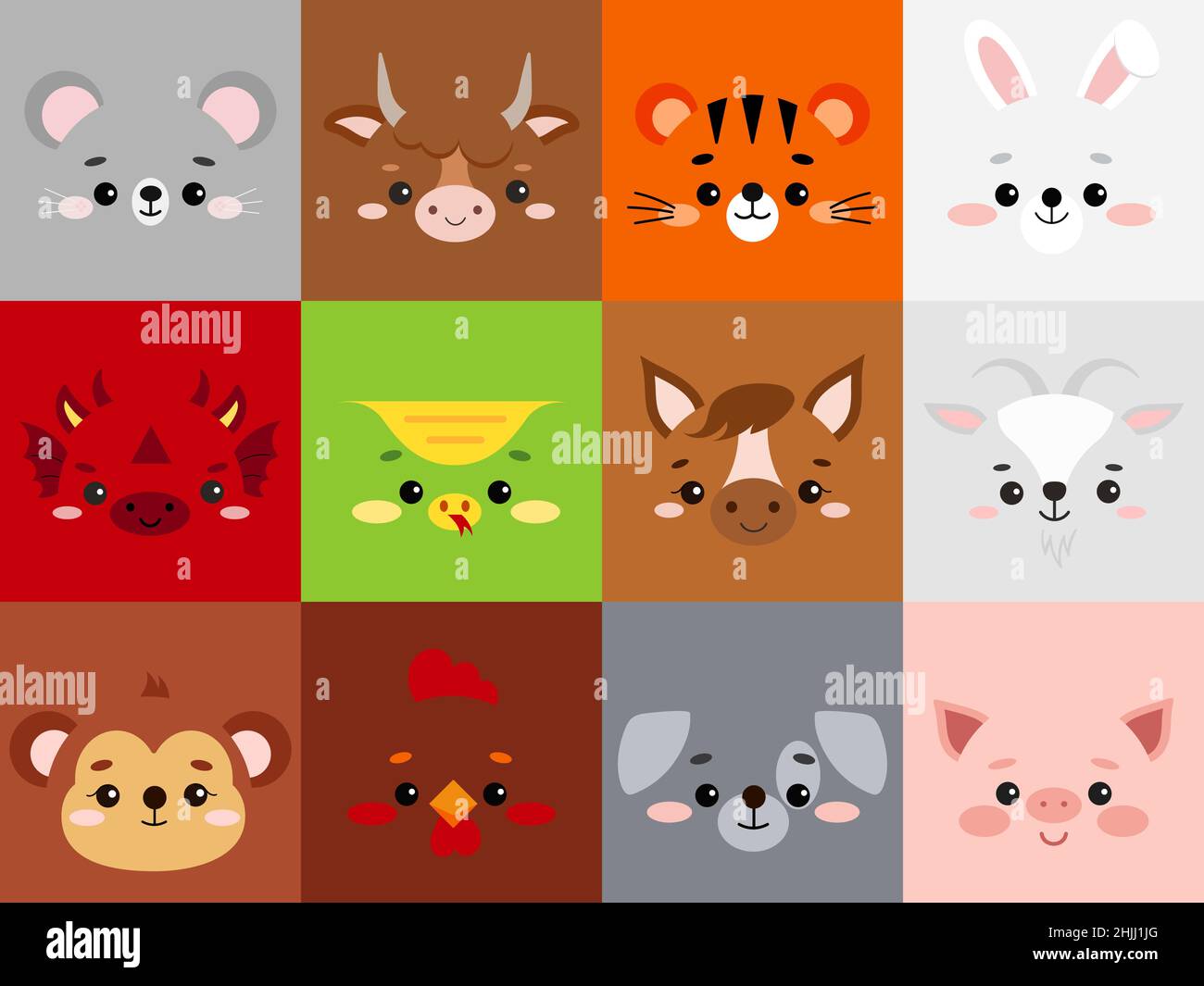 Chinese zodiac animal character sqaure faces vector set isolated on ...