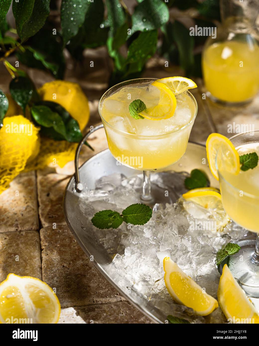 Italian typical digestive limoncello with fresh lemons and ice ...