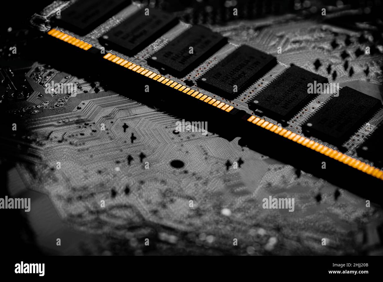 Macro Close up of computer RAM chip; random access memory chip slot for ...