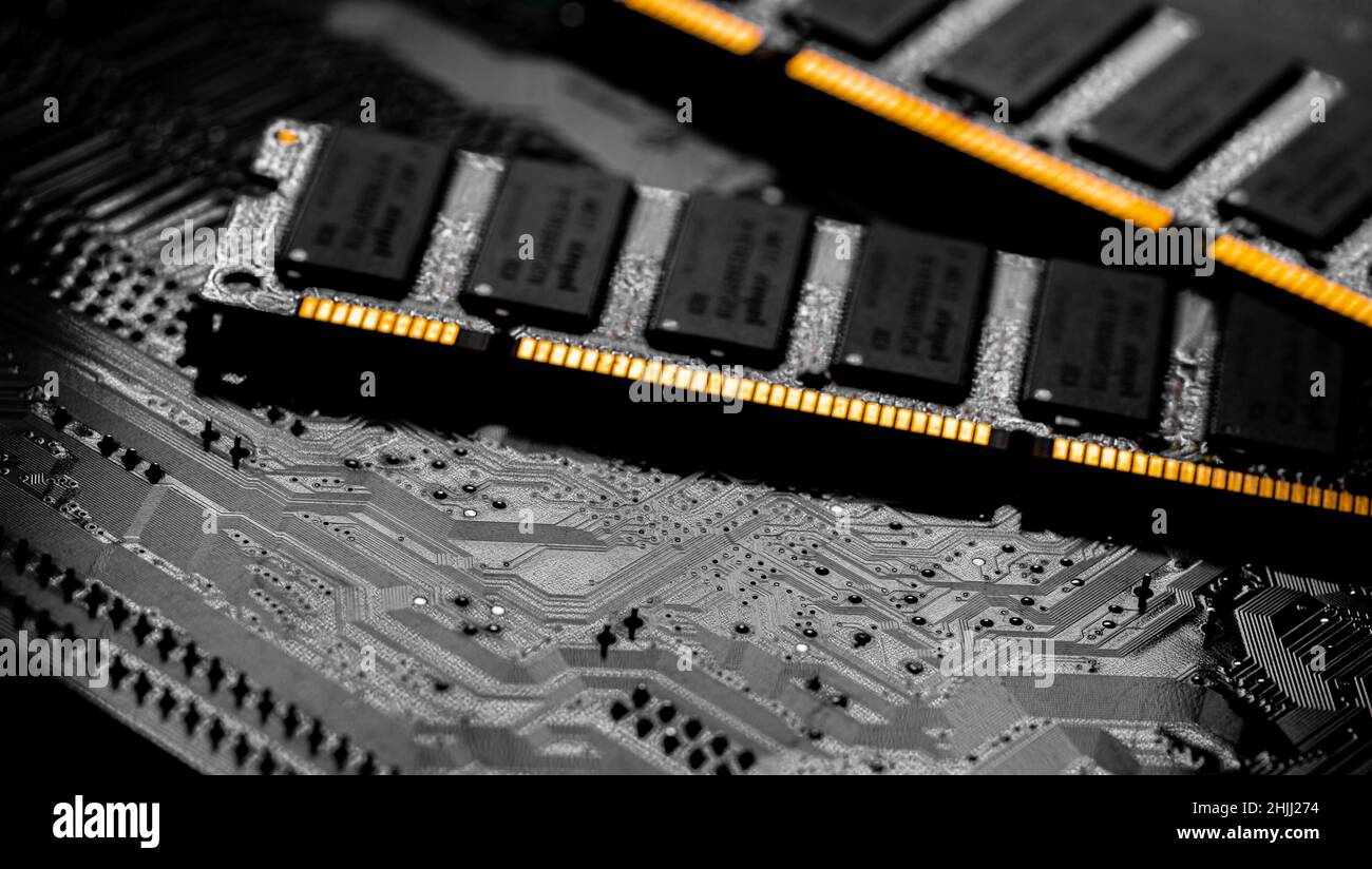 Macro Close up of computer RAM chip; random access memory chip slot for ...