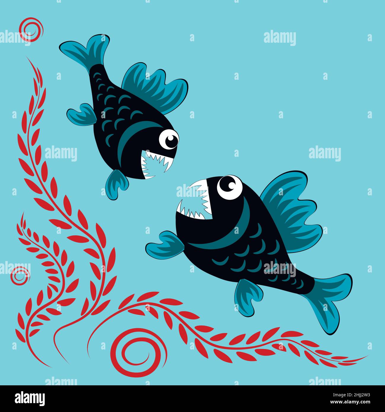 The illustration on a square background is a predatory evil piranha ...