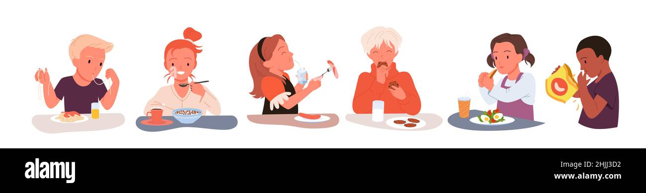 Cartoon healthy or unhealthy meal on lunch, dinner or breakfast of kid ...