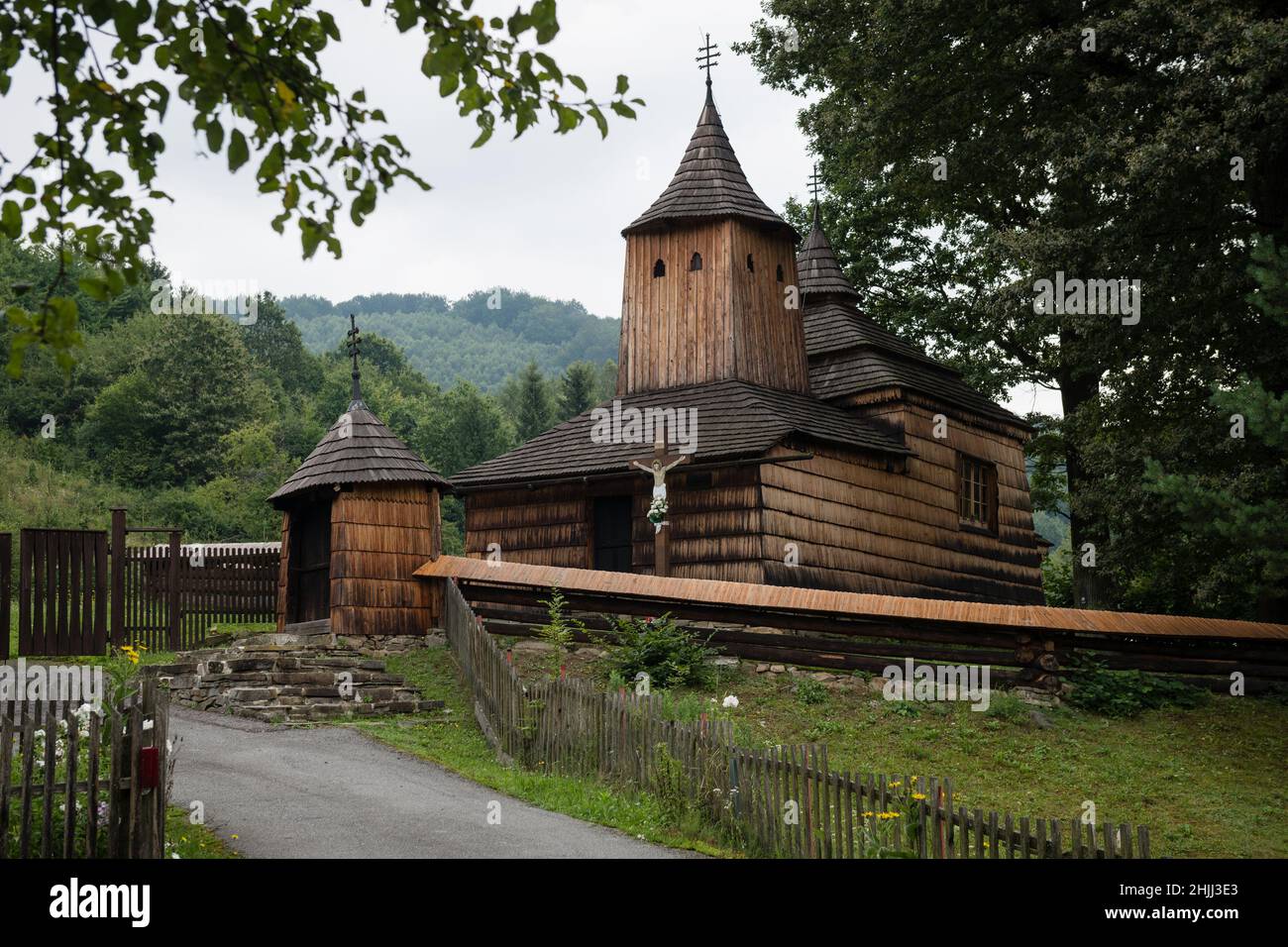 The Greek Catholic wooden church of St Basil the Great in a village ...