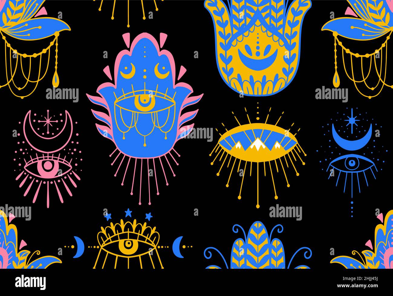 Mystic seamless pattern hamsa and evil eye symbol.Esoteric magic occult ...
