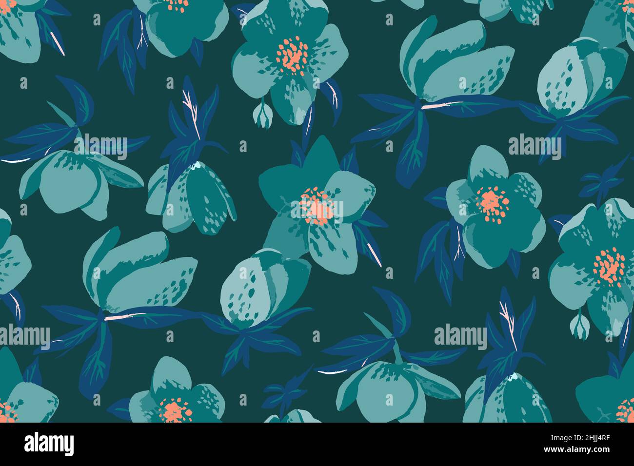dark night mysterious seamless pattern with flowers in gouache and ...