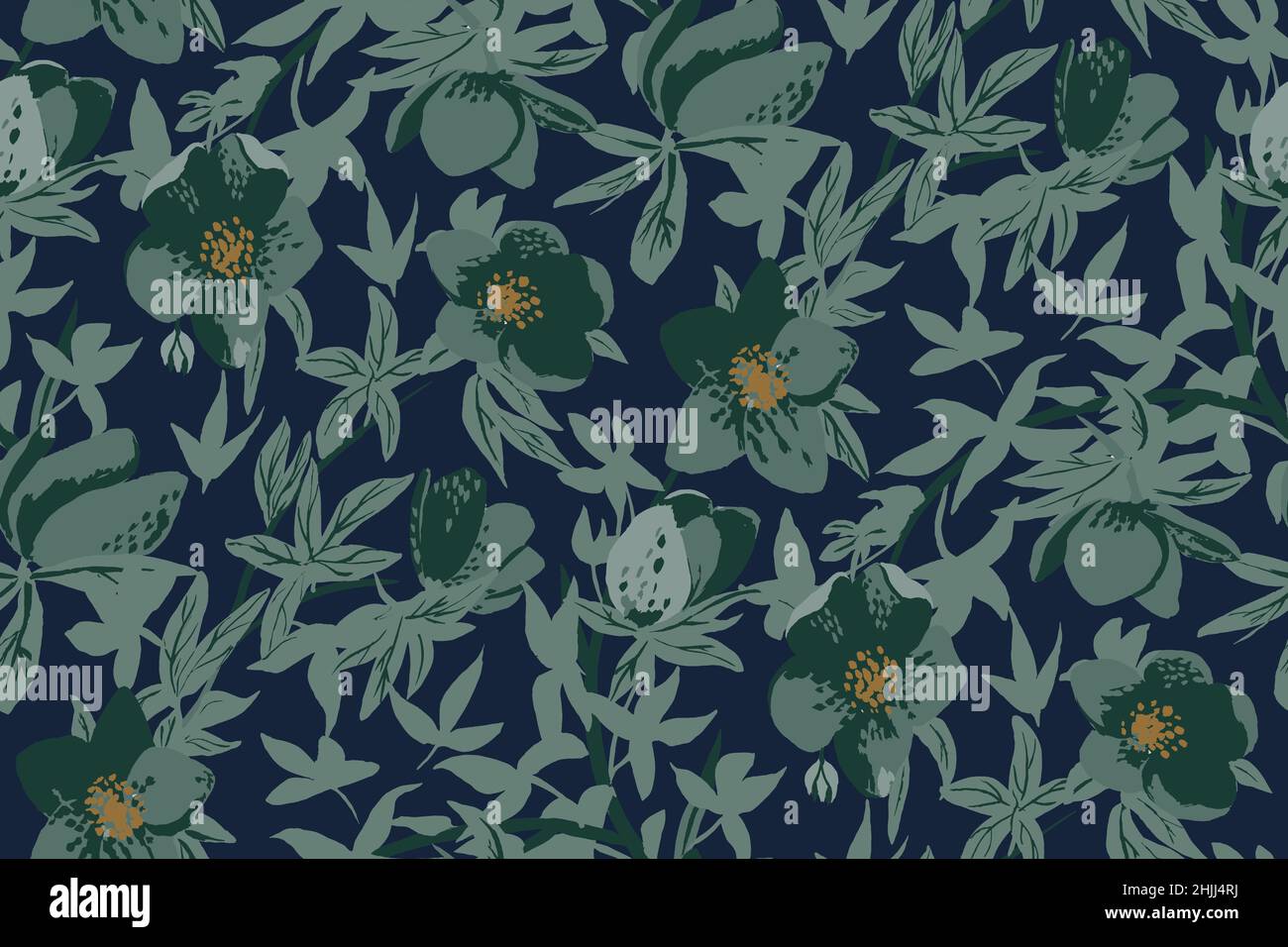 dark night mysterious seamless pattern with flowers in gouache and ...