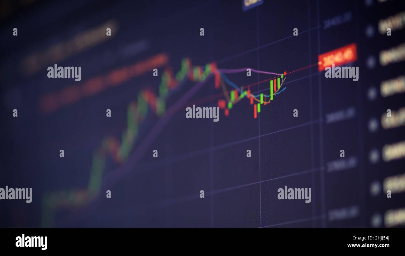 Digital screen with financial trading chart and market quotes and ...