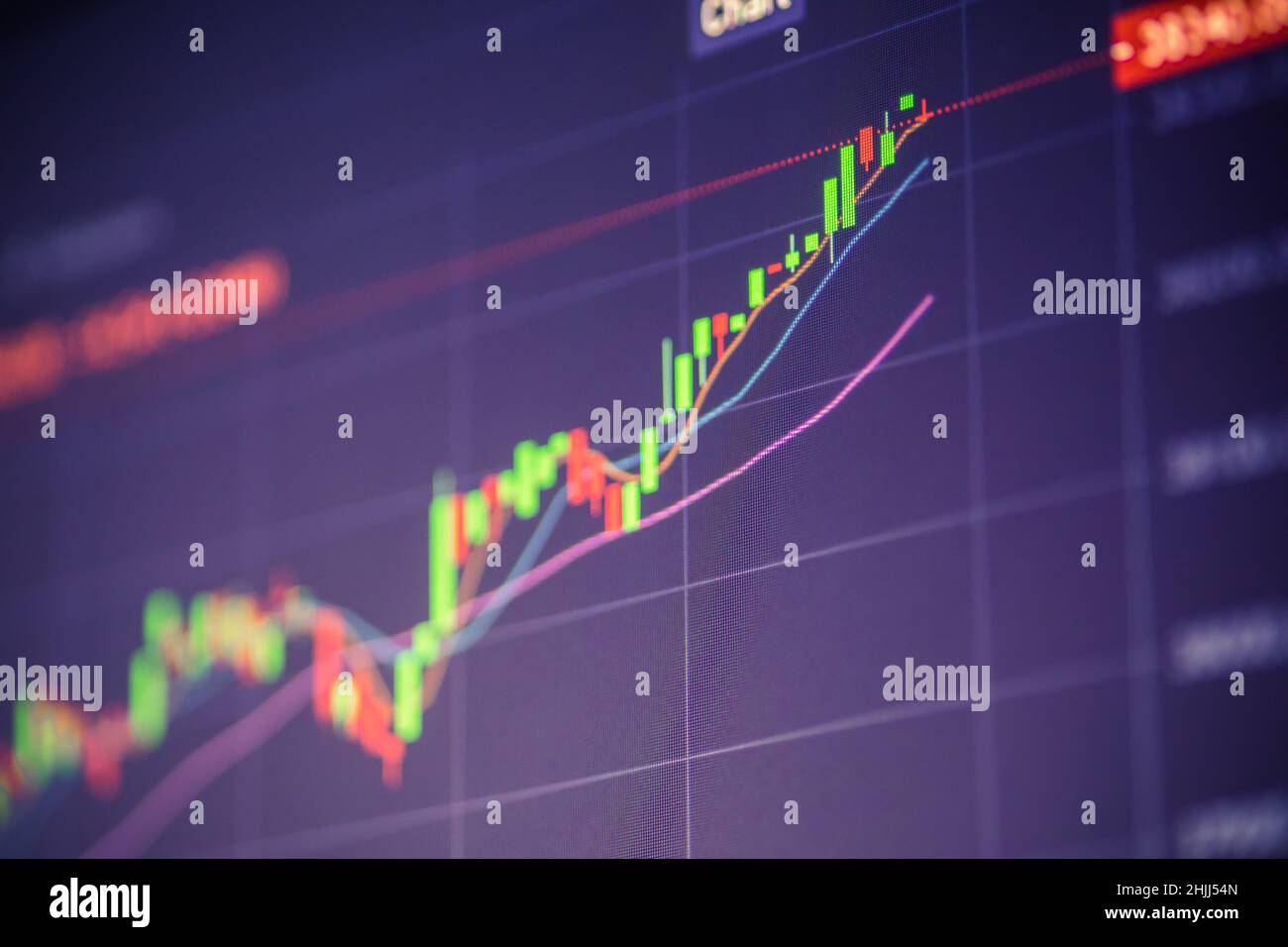Digital screen with financial trading chart and market quotes and ...