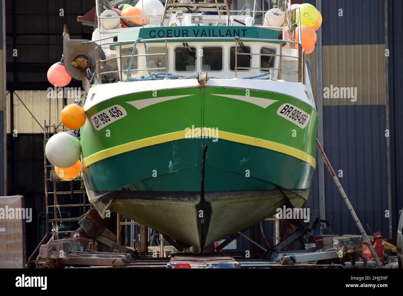 A trawler on the slipway in Concarneau, Brittany, to receive a new ...