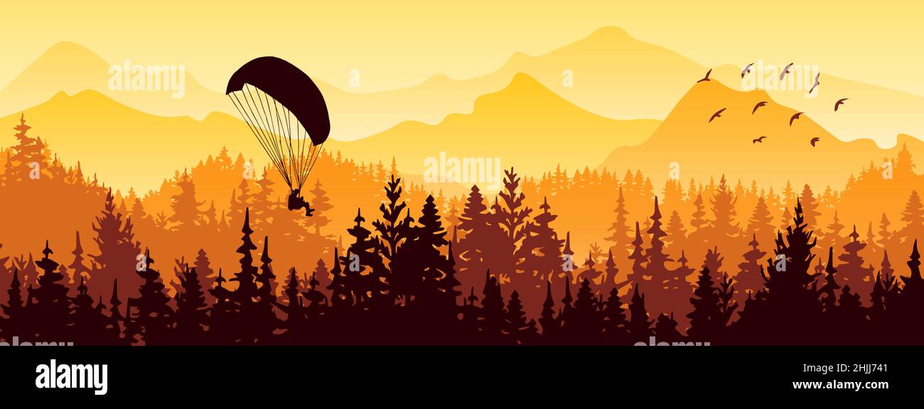 Horizontal banner. Magical misty landscape with paraglider and birds ...