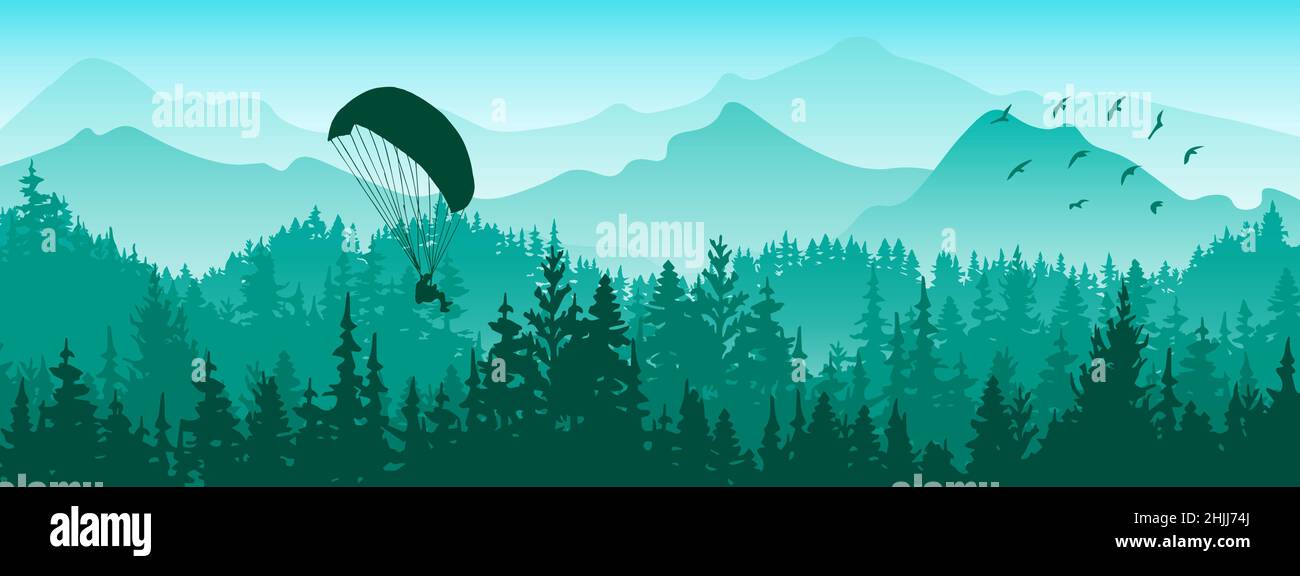 Horizontal banner. Magical misty landscape with paraglider and birds ...