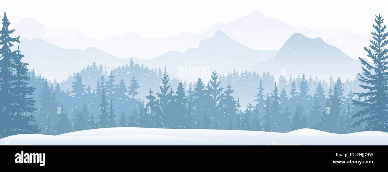 Horizontal banner. Magical misty landscape. Silhouette of forest and ...