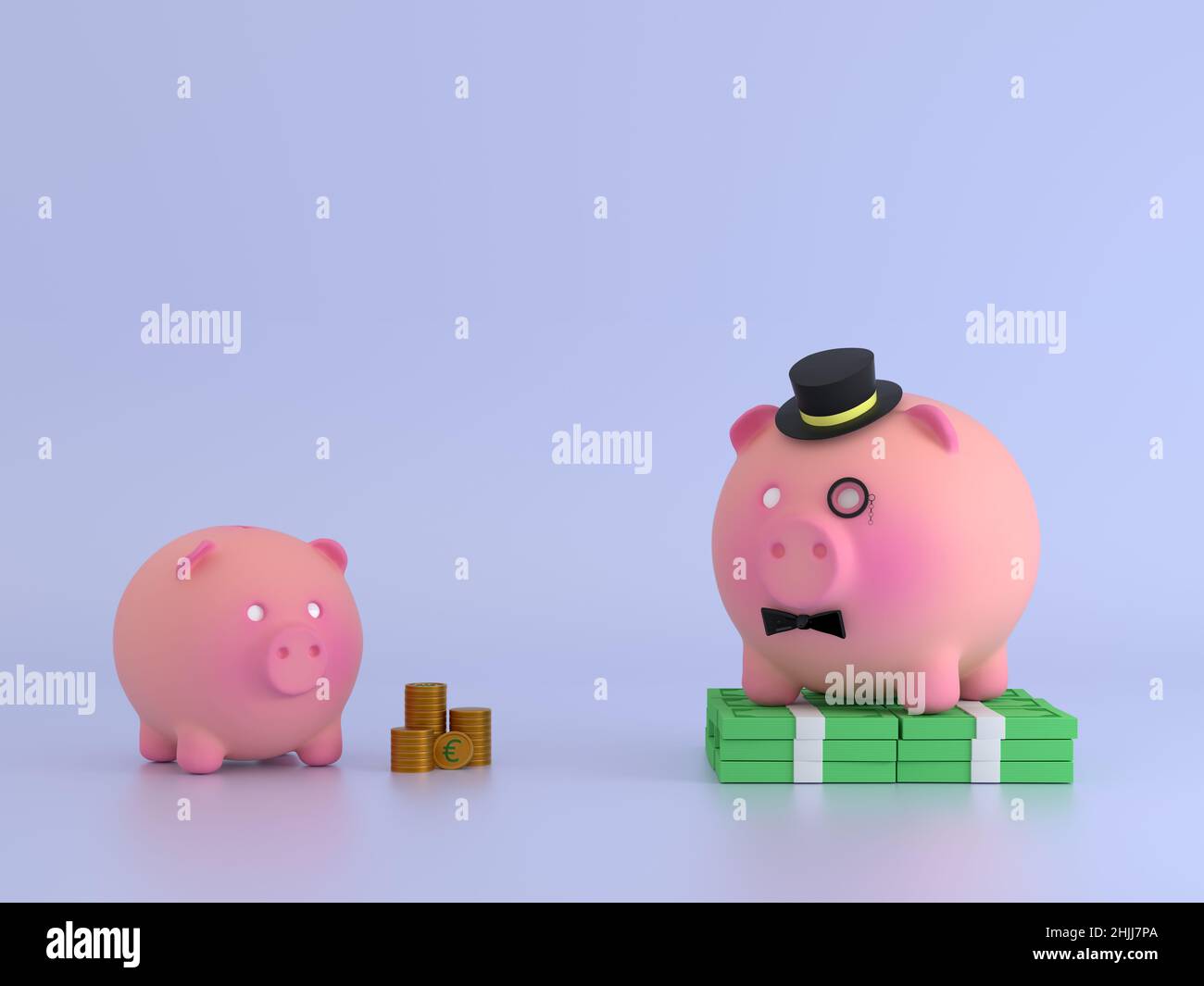 3d illustration of two piggy banks with money coins and banknotes on an ...
