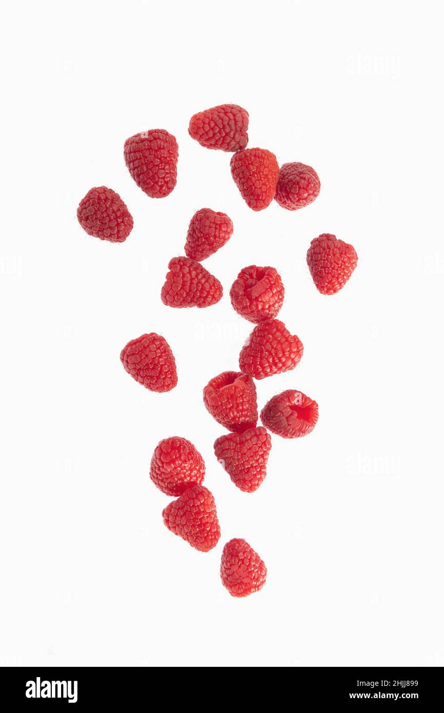 Falling fresh raspberries on a light background Stock Photo - Alamy