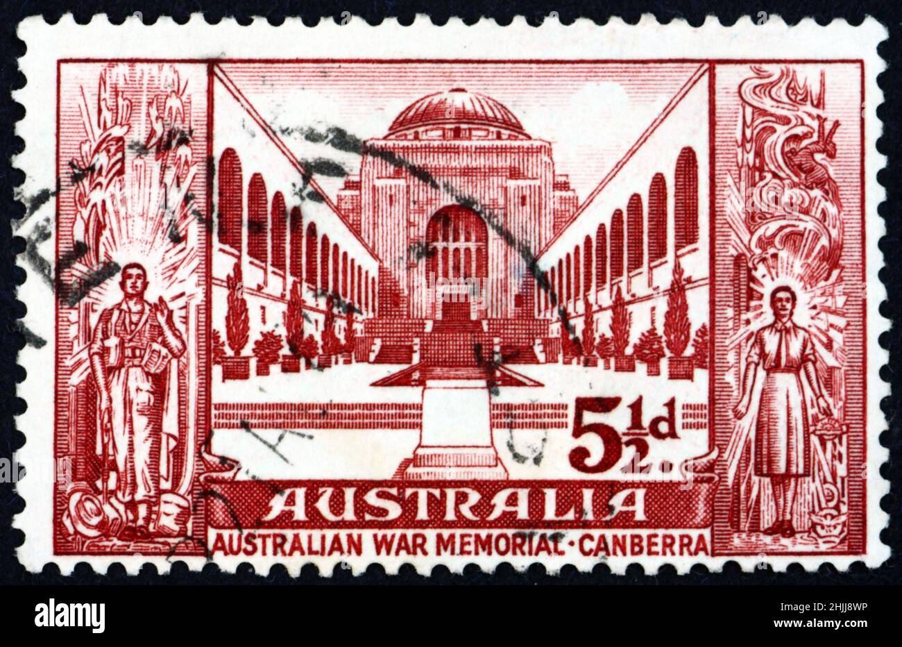 AUSTRALIA - CIRCA 1958: a stamp printed in Australia shows Canberra war ...