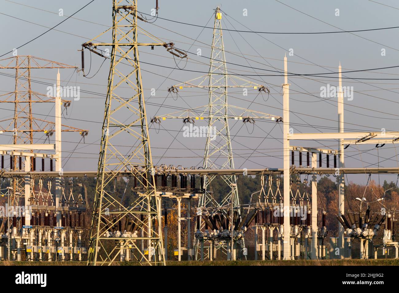 High voltage power lines in Lniska, Poland © Wojciech Strozyk / Alamy ...