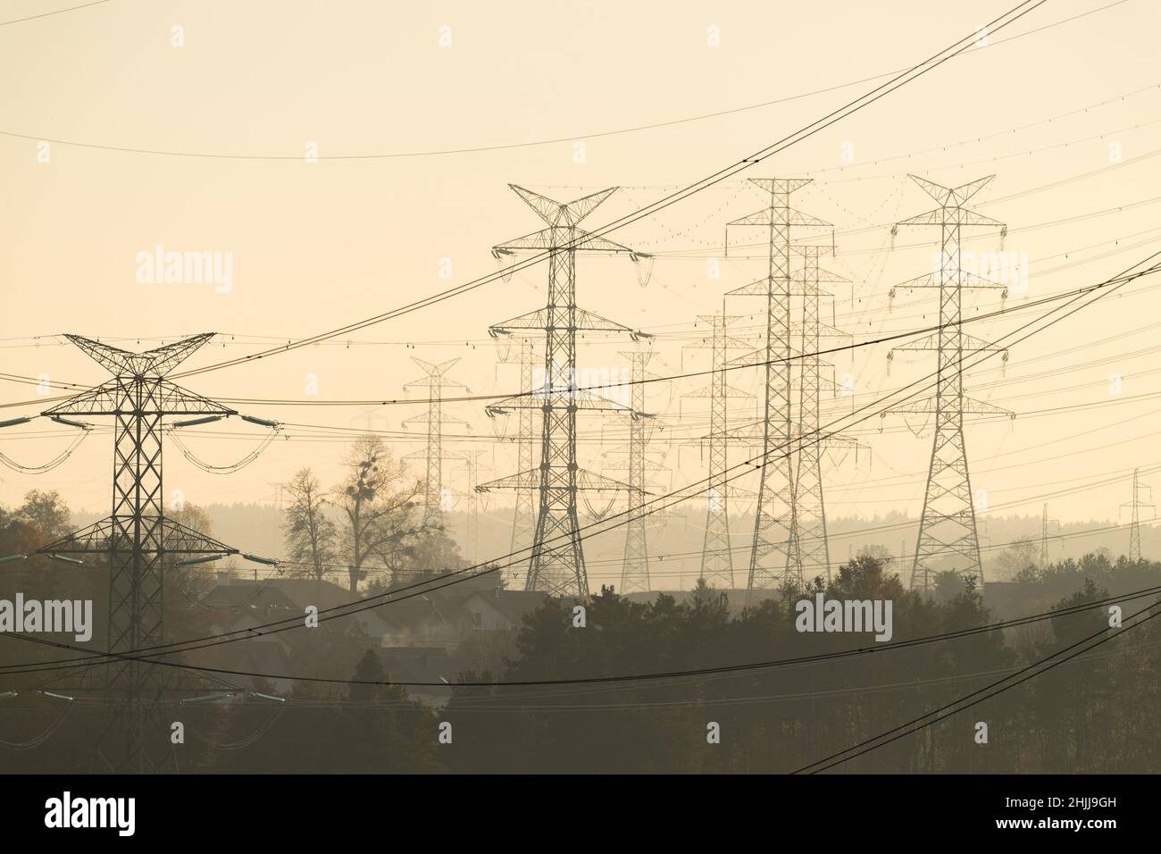 High voltage power lines in Lniska, Poland © Wojciech Strozyk / Alamy ...
