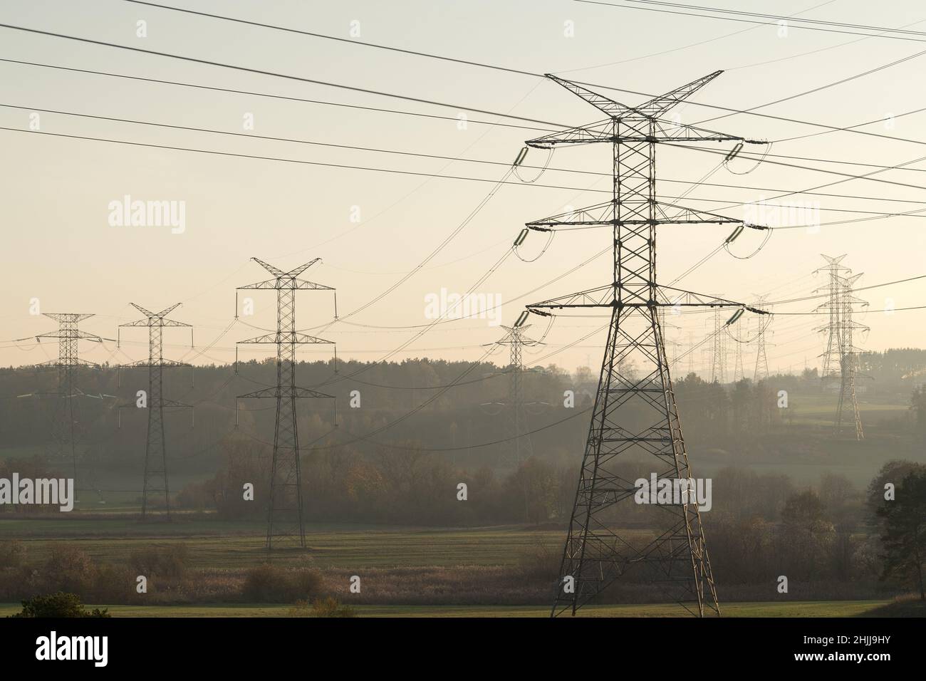 High voltage power lines in Lniska, Poland © Wojciech Strozyk / Alamy ...