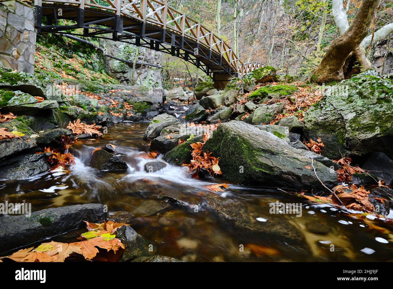 long exposure river stream photo, water stream and suspension wooden ...