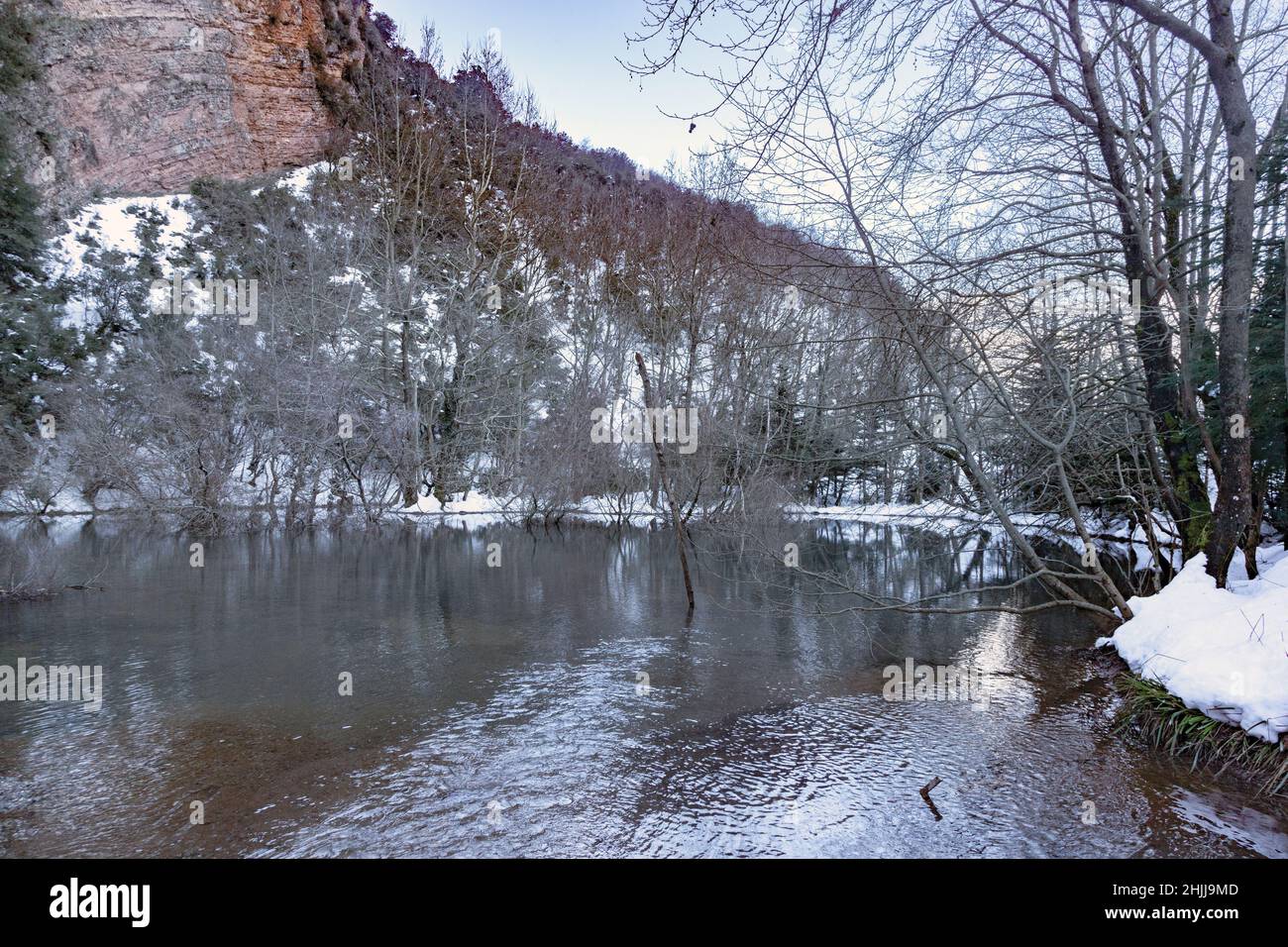 Winter landscape at the lake of Mikro Chorio, near Karpenisi town, in ...