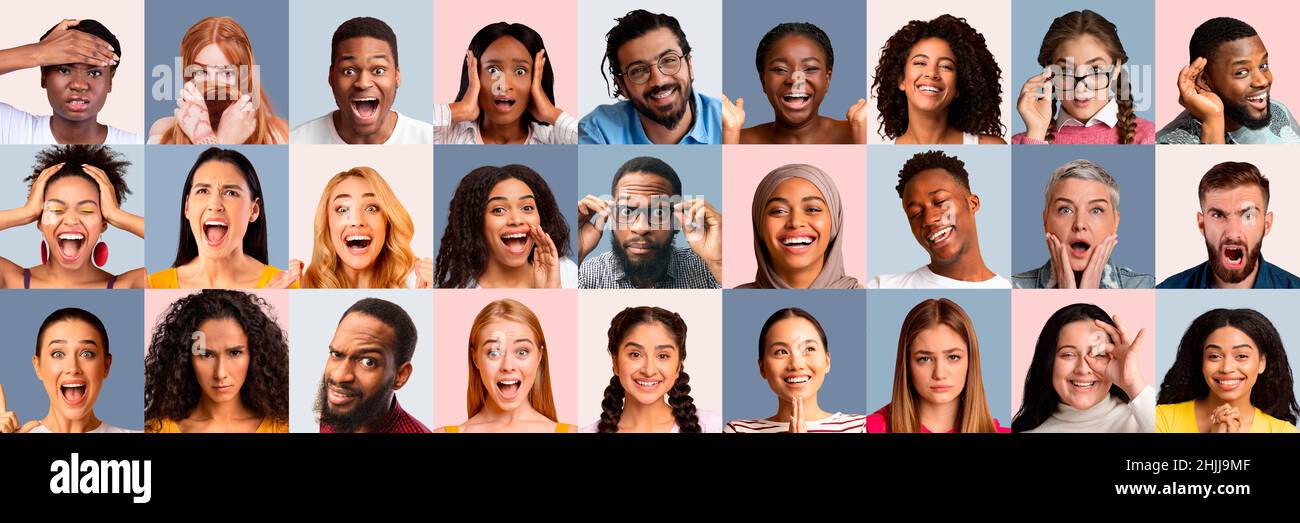 Multiracial people showing different emotions, set of photos Stock ...