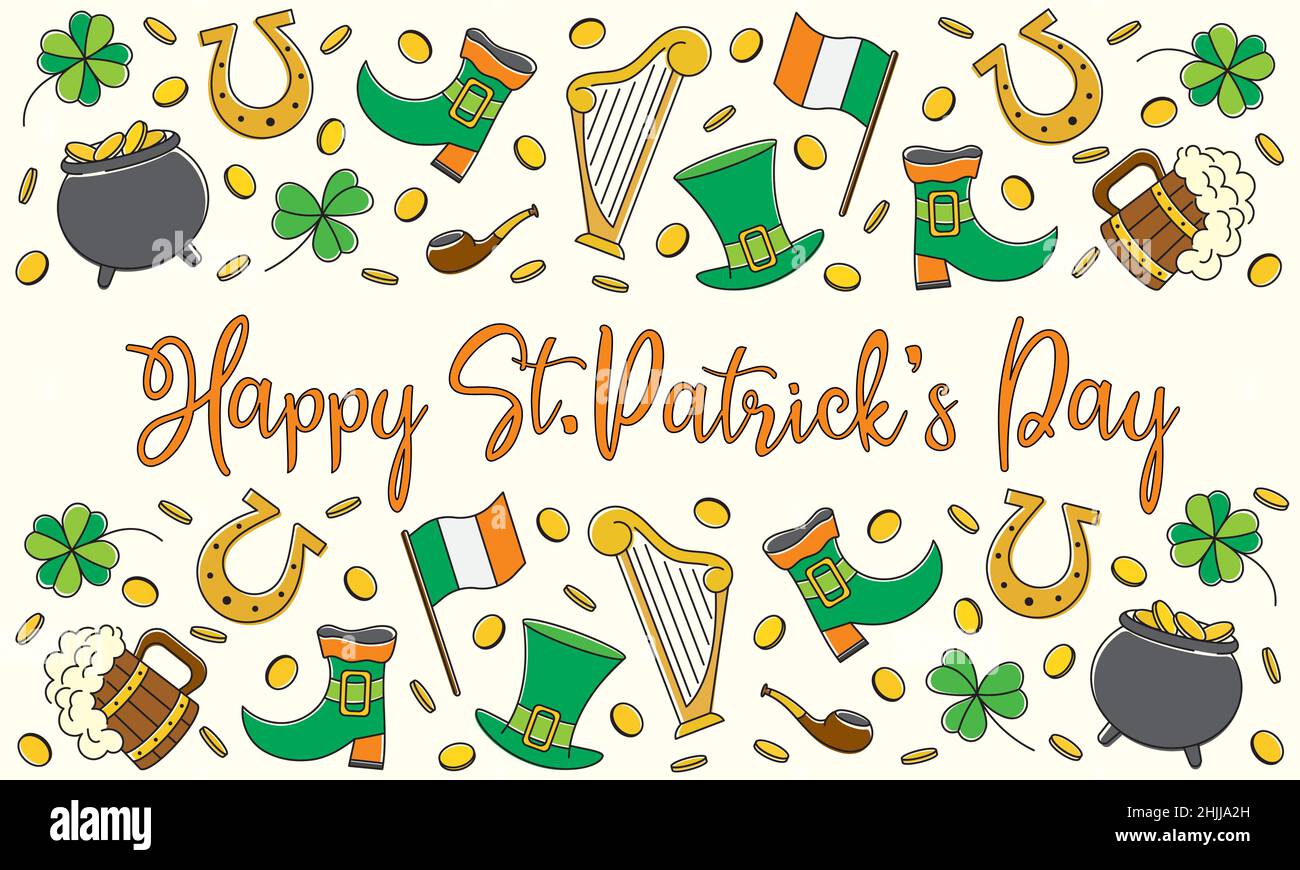 Bright line art illustration of St Patricks day symbols. Background ...