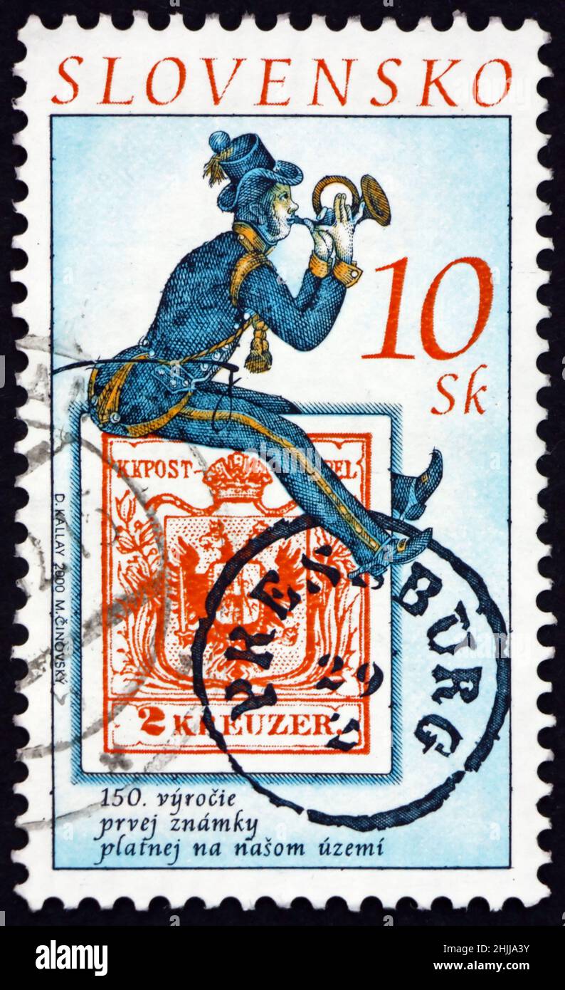 SLOVAKIA - CIRCA 2000: a stamp printed in Slovakia shows postman and ...