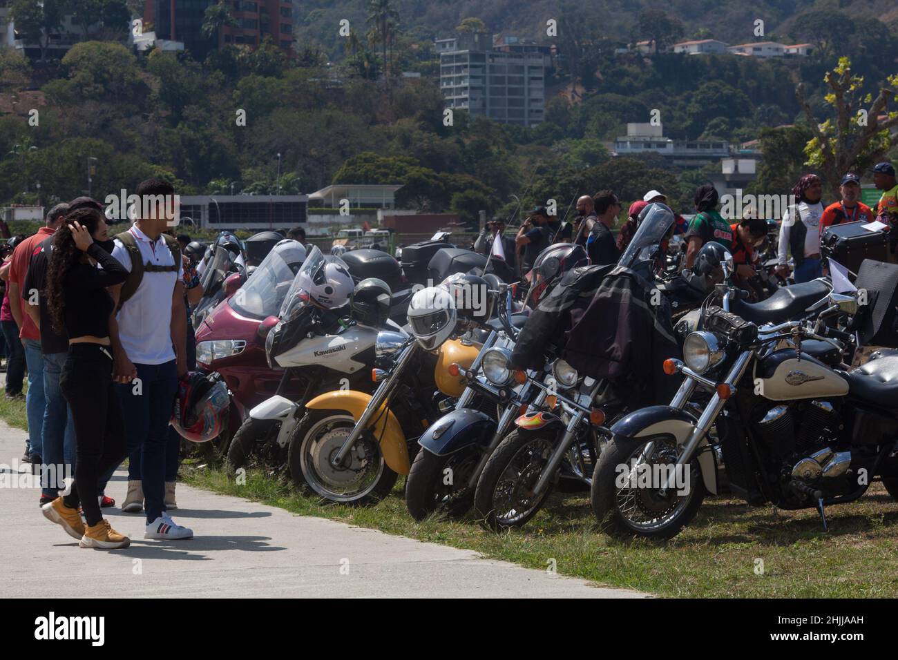 Caracas, Venezuela. 29th Jan, 2022. Motorcycles are parked in a square ...