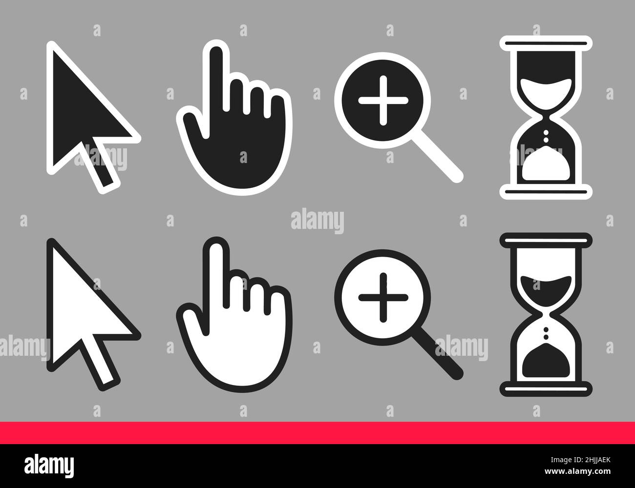 Pointer hand, arrow, hourglass loading clock mouse, magnifier cursors icon sign graphic element ...