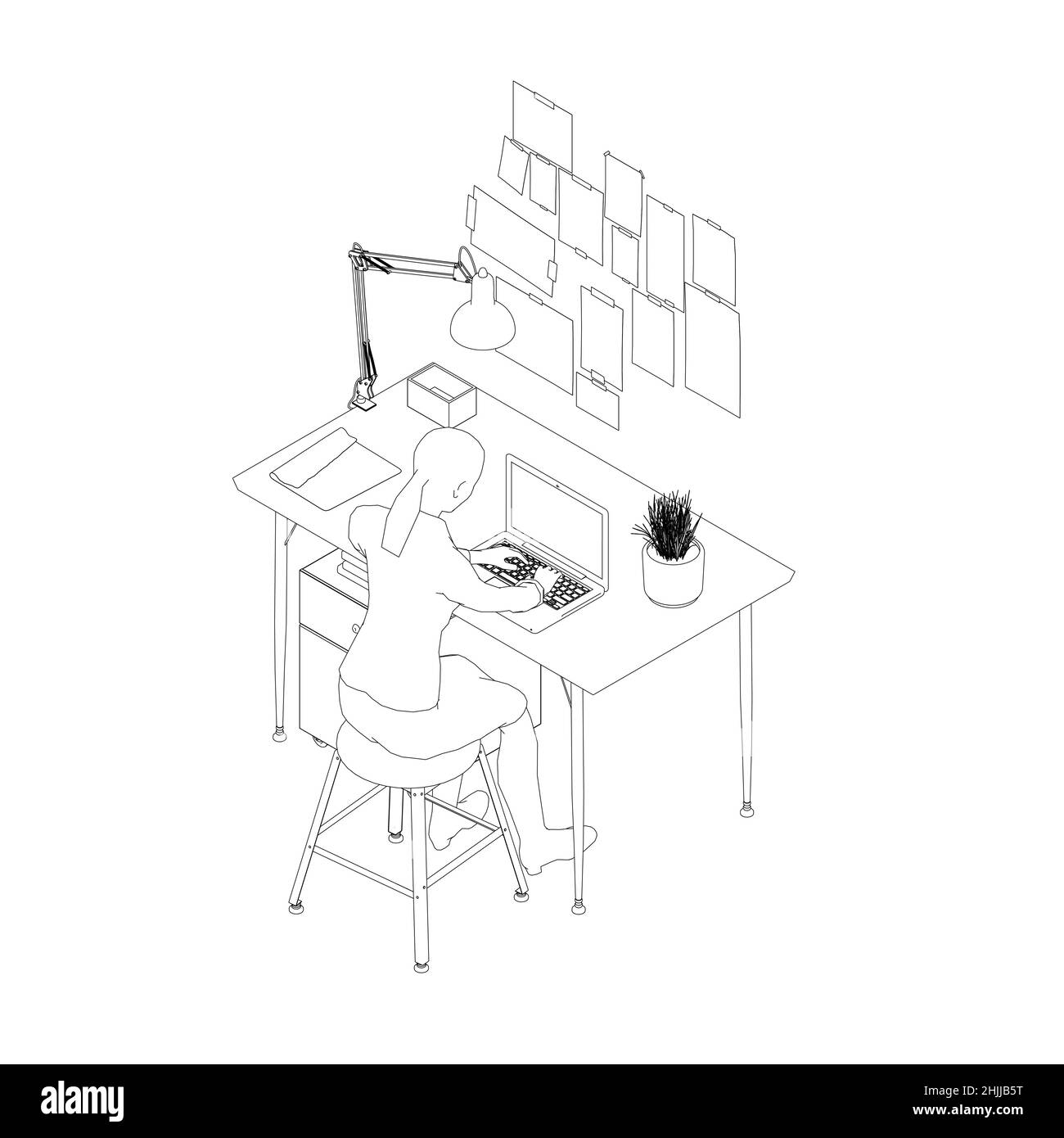 Outline of a girl working on a laptop at a table from black lines ...