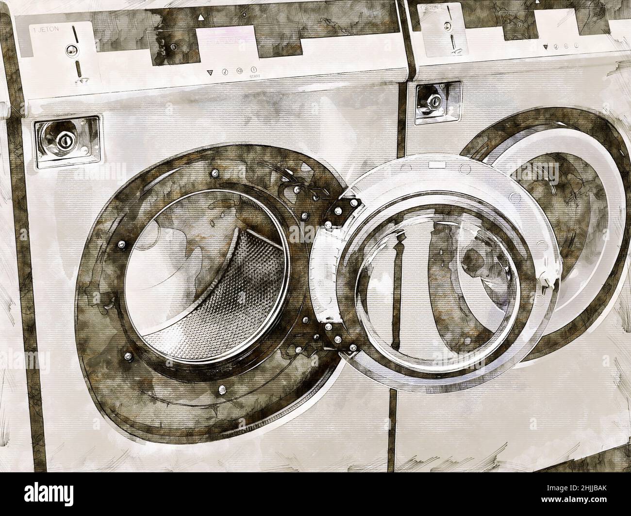Illustration Sketch of a row of industrial washing machines in a public ...