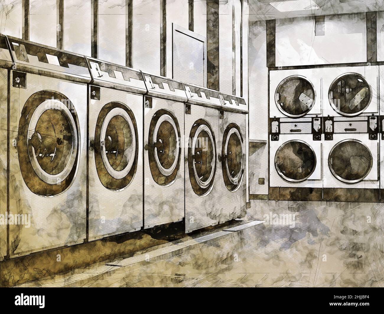 Illustration Sketch of a a row of industrial washing machines in a ...