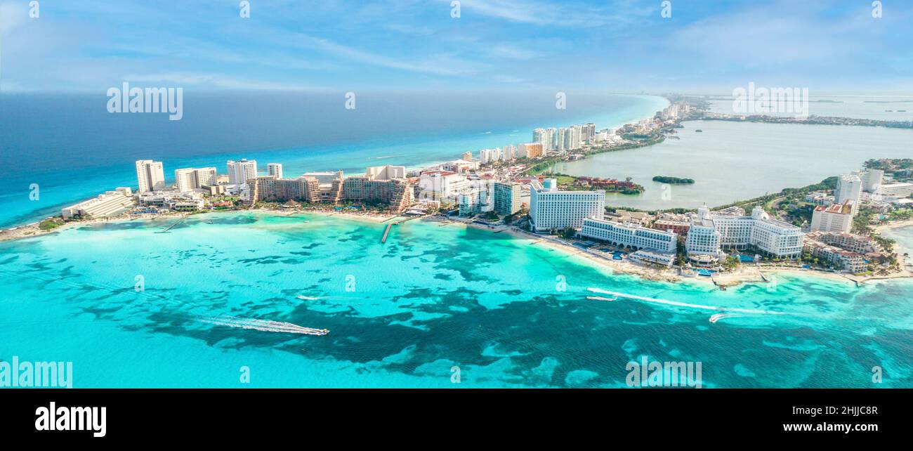 Aerial view of Cancun beach in Mexico. Caribbean coast landscape on ...