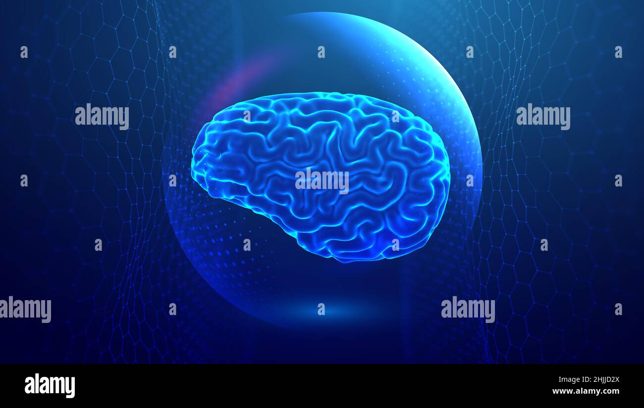 Brain power blue technology illustration. Artificial intelligence data ...