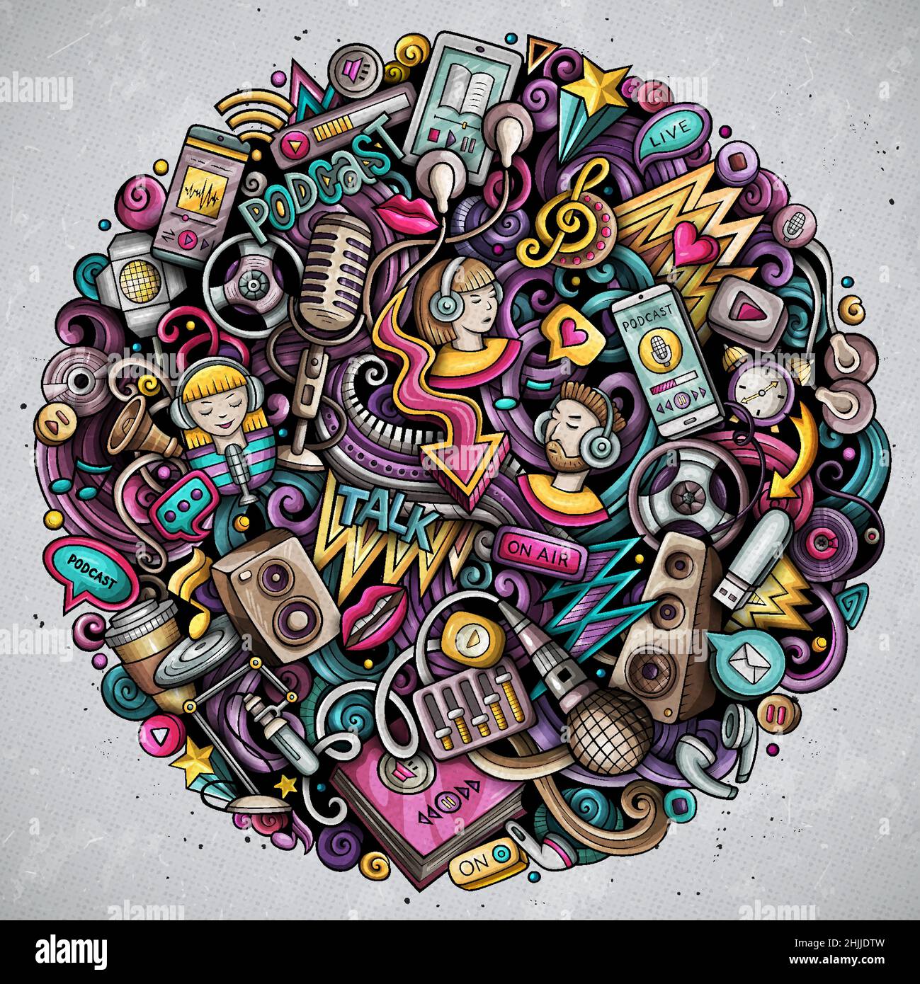 Audio content cartoon doodles illustration. Creative funny vector ...