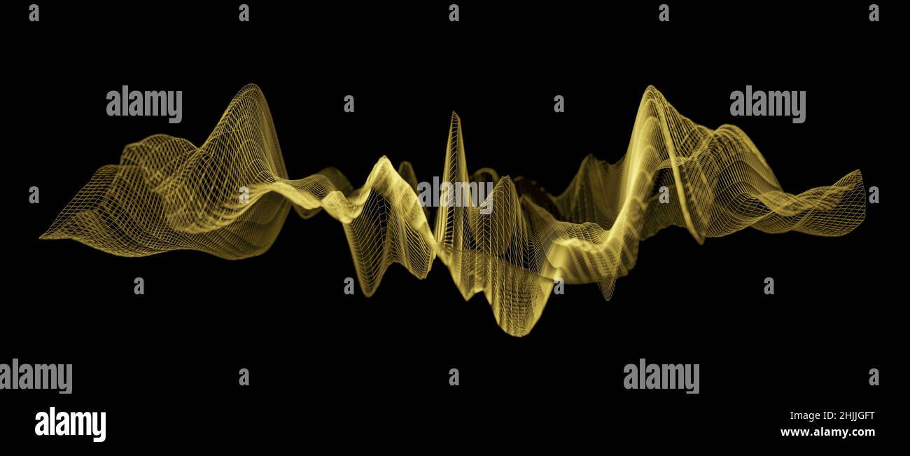 Wireframe Waveform On Black Background Visualization Of Abstract Yellow Sound Waves Or Acoustic
