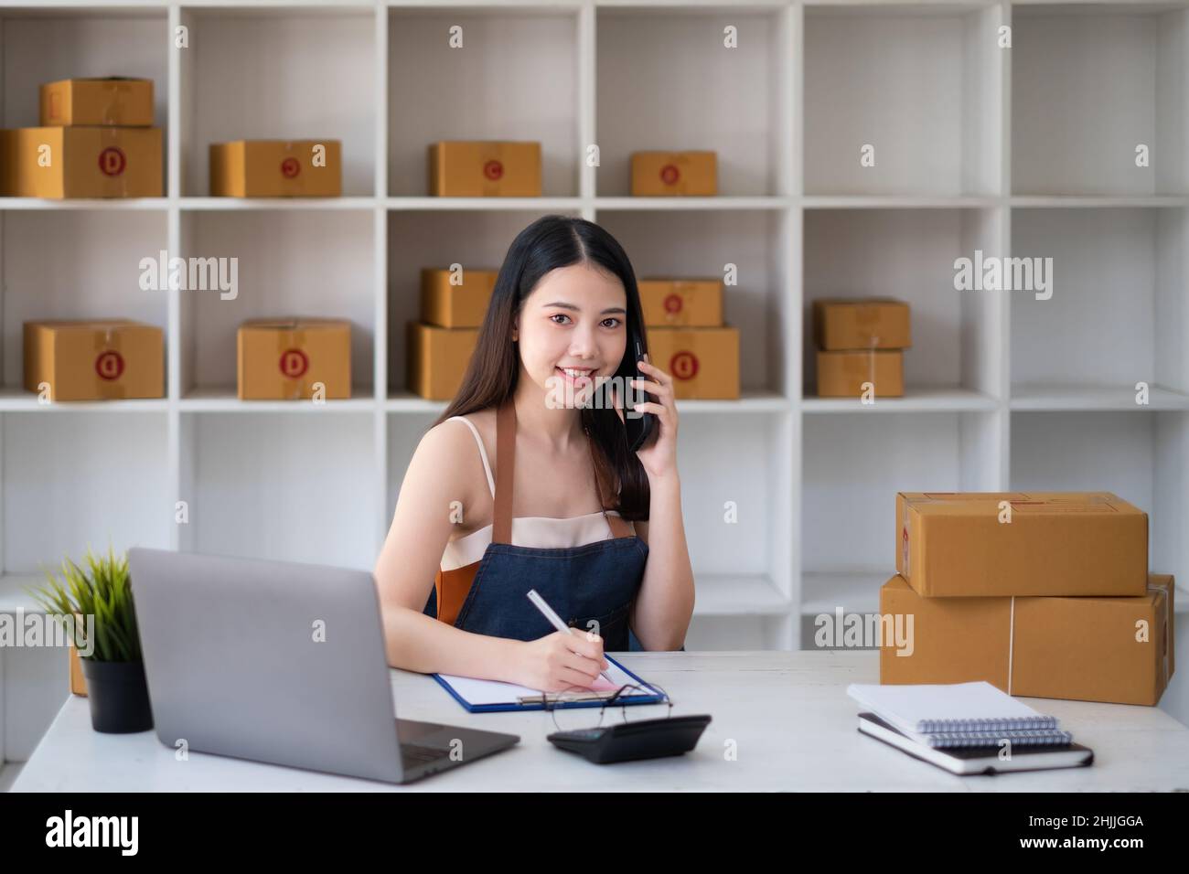 Business owner confirm address to send to customer orders talking by ...