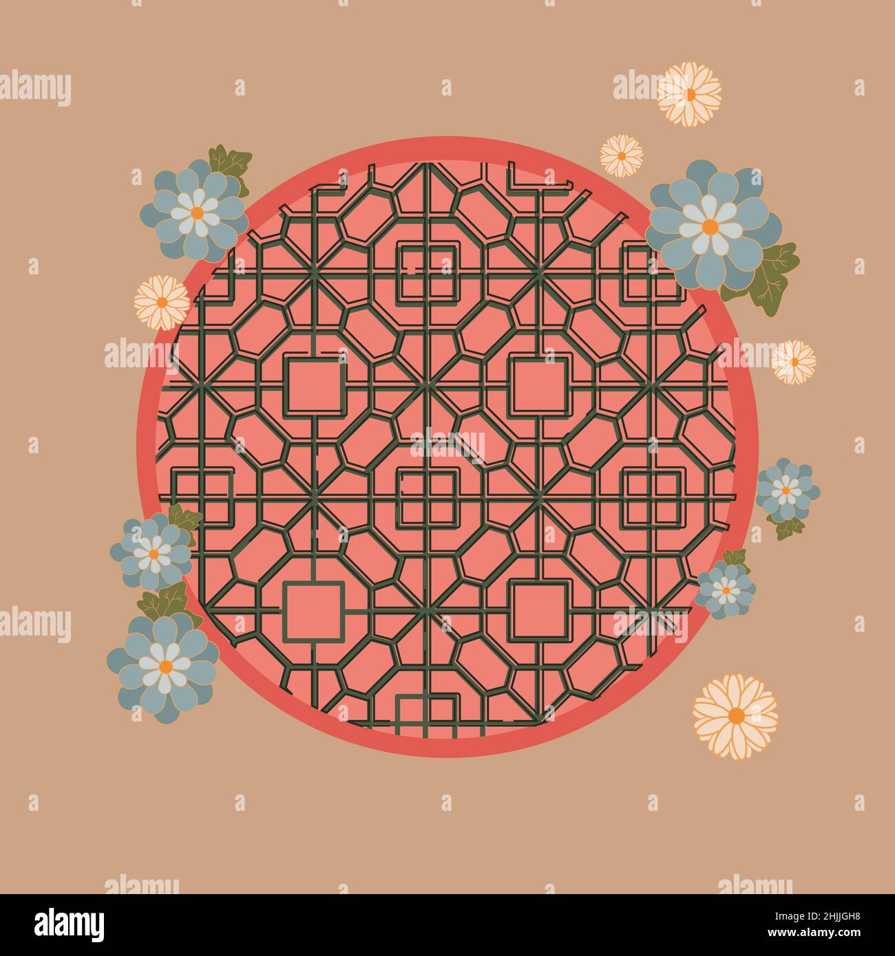 Chinese traditional window in blue and white flowers. Hand-drawing of a ...