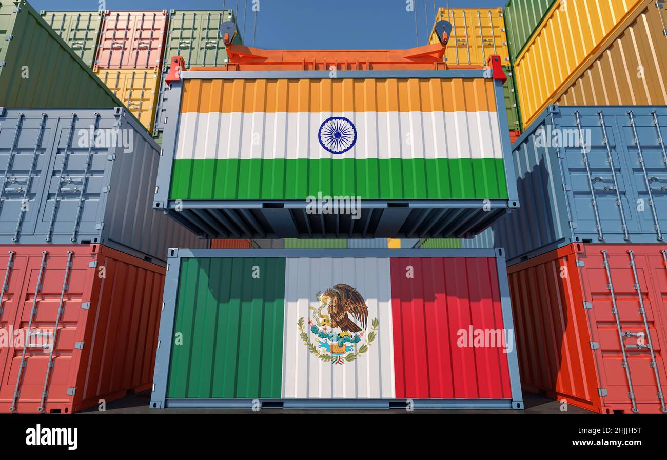 Freight containers with India and Mexico national flags. 3D Rendering ...