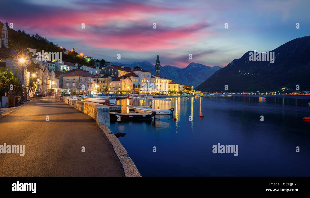 Historic city of Perast in the Bay of Kotor in summer at sunset Stock ...