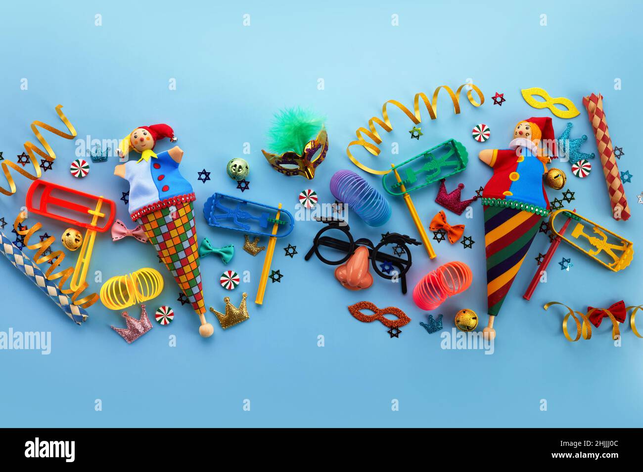 Purim, jewish carnival holiday celebration background. Top view, flat ...