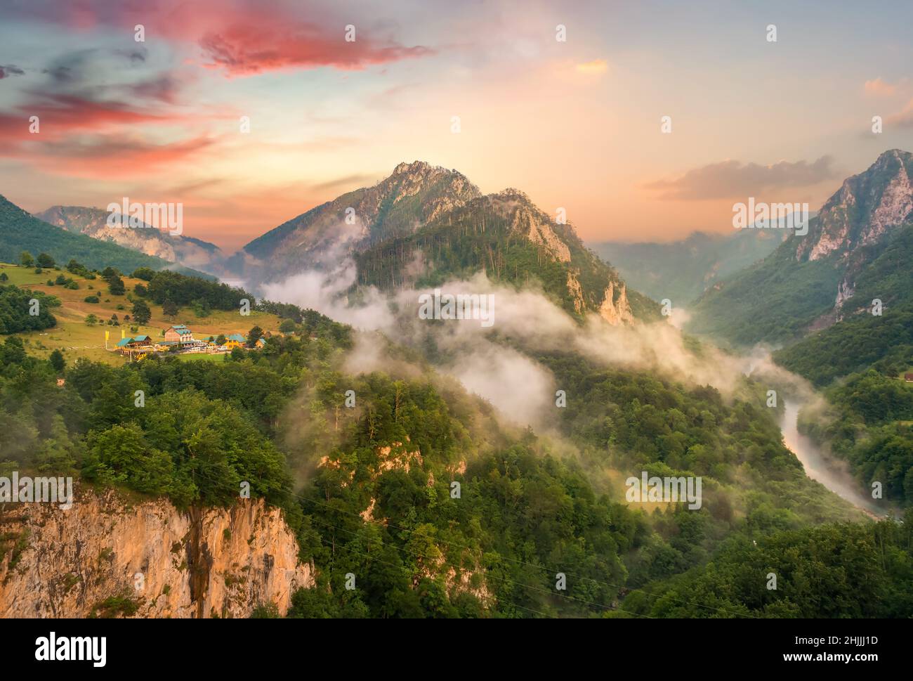 Montenegro, panorama mountains and of sunset sky over world famous tara ...
