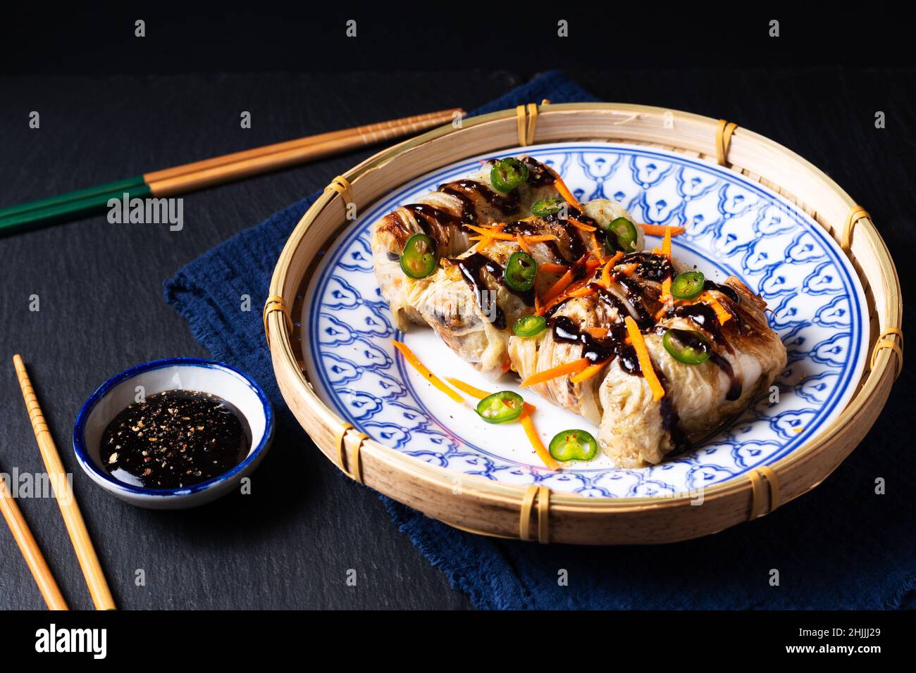 Food concept Homemade baked Chinese cabbage rolls in asian style ...