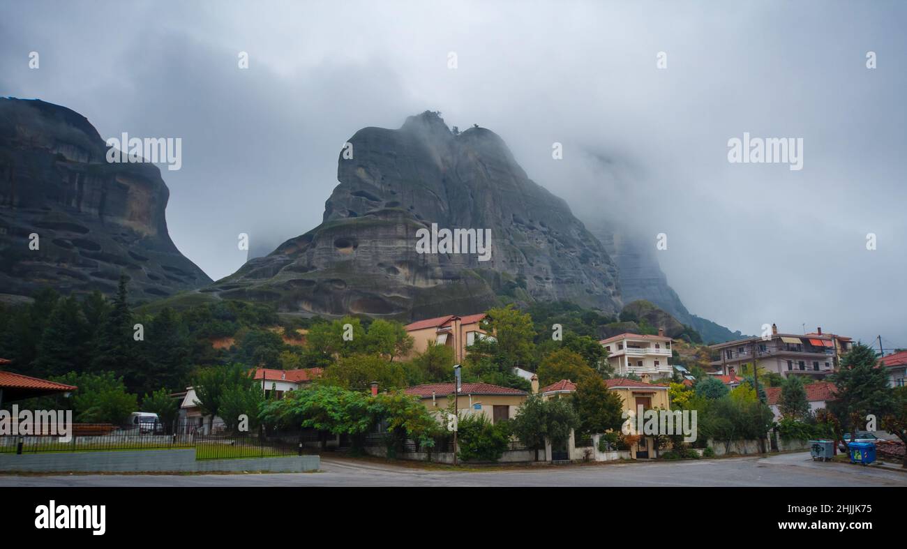 Meteora rocks in Greece in the fog Stock Photo - Alamy