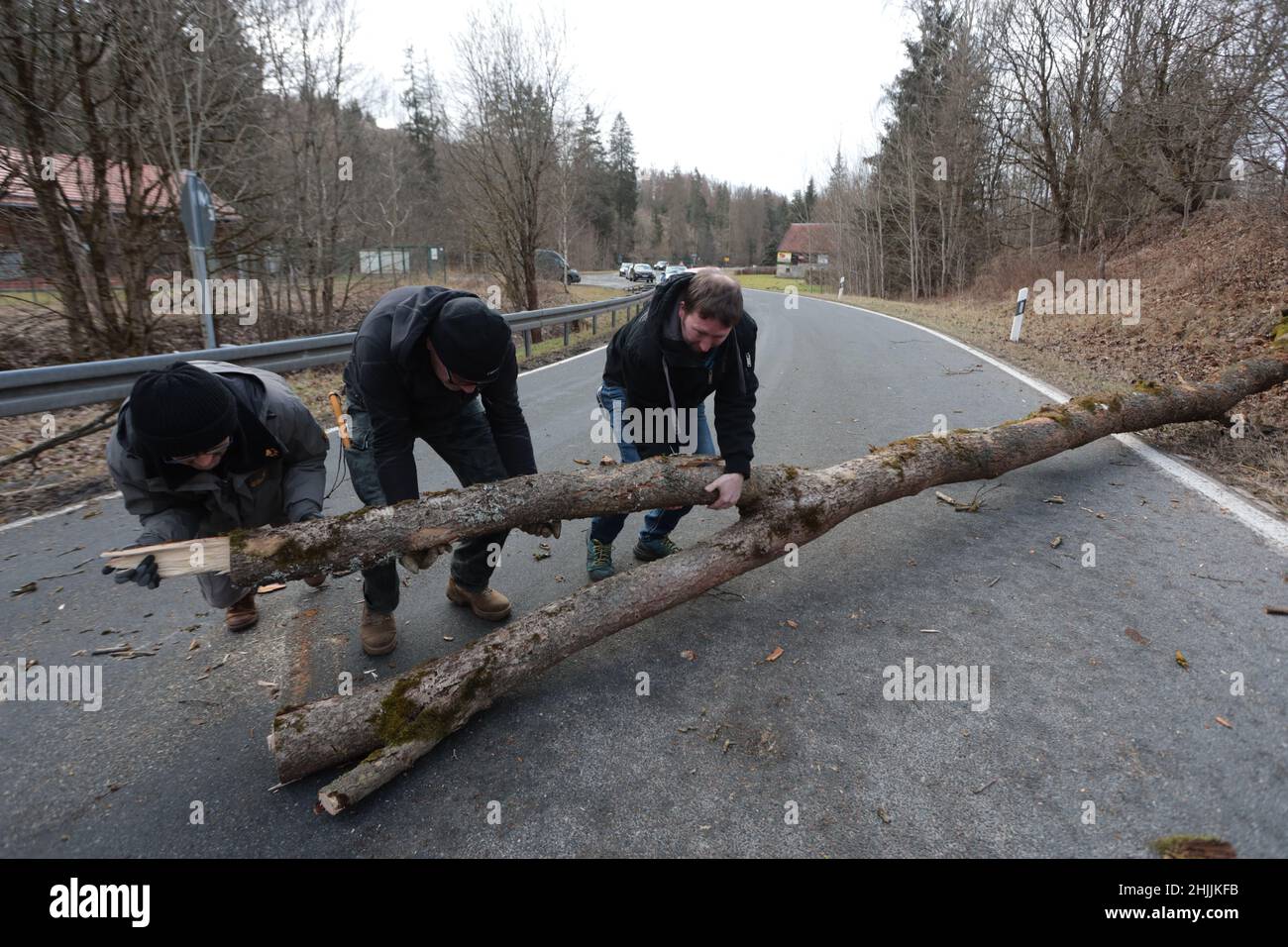 Tanne, Germany. 30th Jan, 2022. Three men remove a tree that fell onto ...