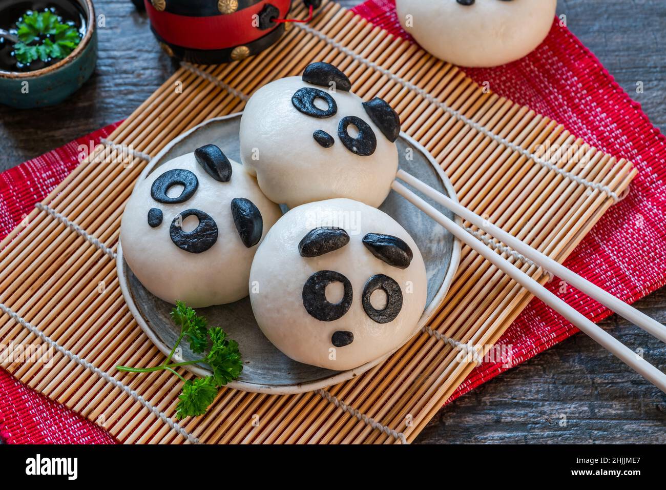 Steamed panda buns with savoury mushroom and hoisin filling. Chinese ...